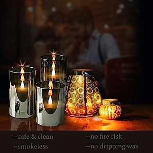 Softflame Flickering Flameless Glass LED Candles with Remote Control, 3D Flame Battery Operated Candles in Real Wax for Indoor Use and Home décor, Set of 3: 3"x4", 3"x5", 3"x6" Gray