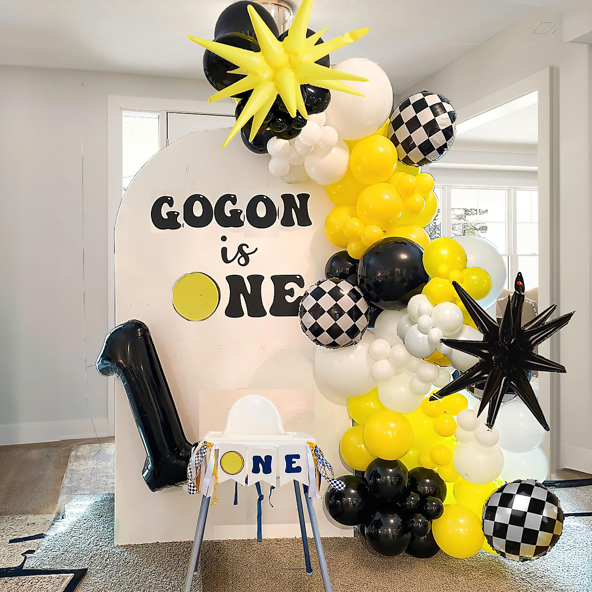 One Happy Dude Balloon Arch Garland Kit, 126Pcs 18" 12" 10" 5" Yellow Black Balloons with Checkered Foil Balloons for One Happy Dude Birthday Decorations Baby Shower Boys 1st Birthday Party Supplies