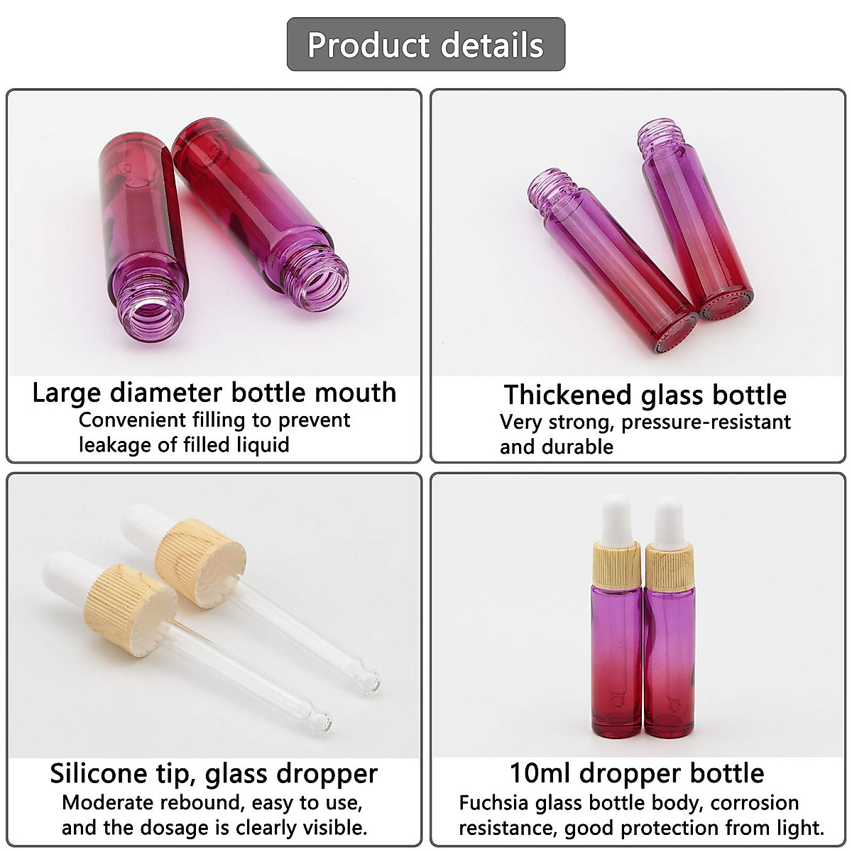 Kesell 10Pcs 10ml Dropper Bottle Purple-red Gradient Color Glass Vial With Dropper Empty Perfume Oil Bottles, 5pcs Funnels + 5pcs 5ml Transfer Dropper