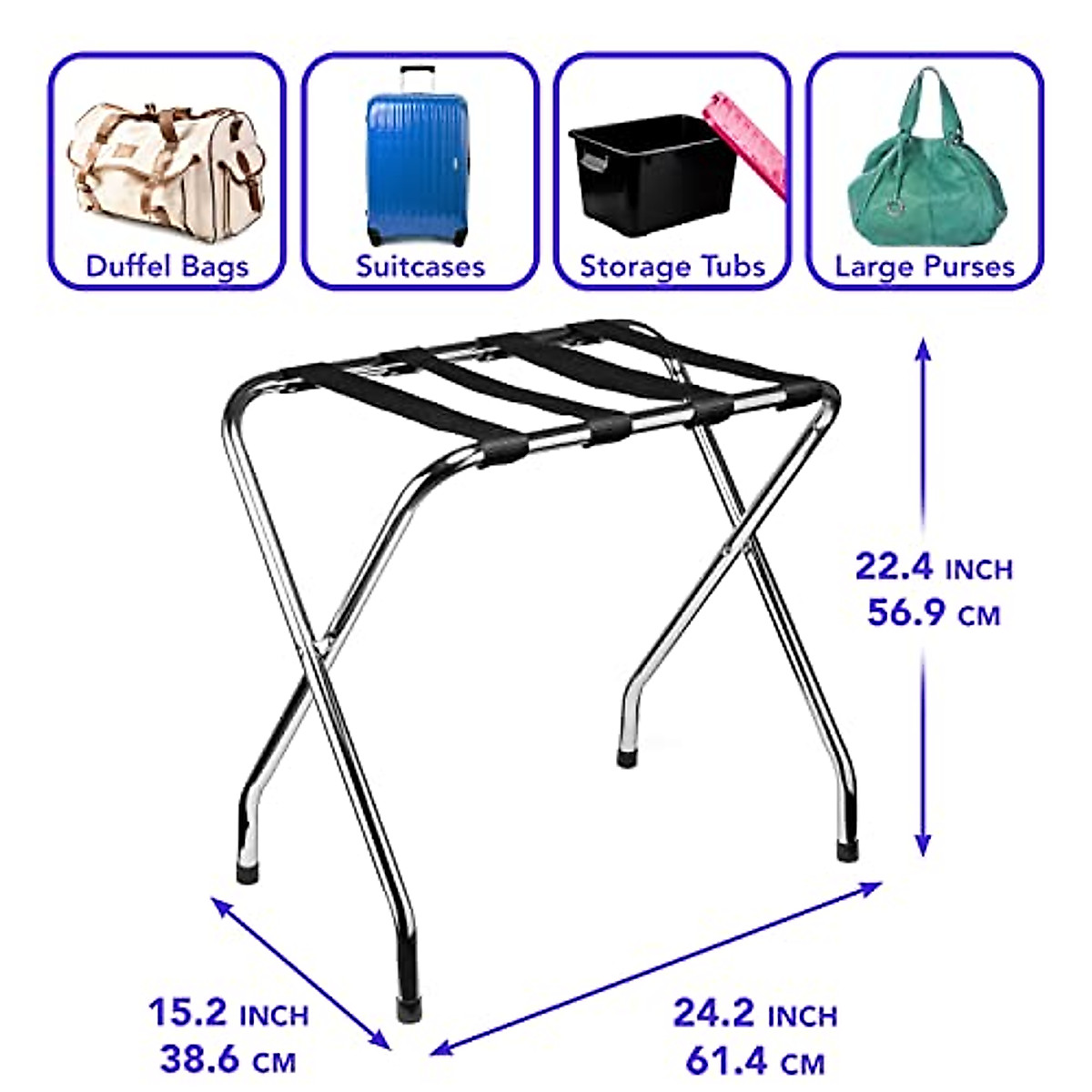 USTECH X-Shape Single Tier Foldable Sturdy Luggage Rack with Nylon Straps & Rubber Feet for Added Stability | Metal Stand Shoe Rack for Guest Room Storage | Perfect for Small Spaces