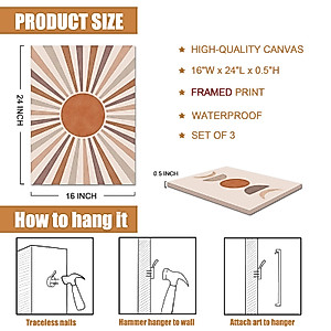 Boho Wall Art Prints, Boho Wall Decor, Mid Century Modern Wall Art Set of 3 Abstract Geometric Prints Beige Terracotta Minimalist Art, Canvas Framed Wall Art for Living Room Bedroom 16"x24"