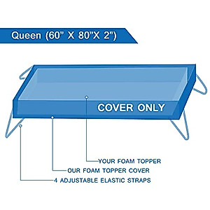 Mattress Topper Cover Queen Size (Only Cover) 3 Inch Mattress Protector Breathable Bamboo Zippered Removable Mattress Encasement with Adjustable Straps for Latex Mattress Topper Memory Foam Cover