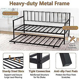 Metal Daybed with Trundle, Twin Size Day Bed Frame with Pullout Trundle, Heavy-Duty Daybed for Living Room Bedroom and Adults, Black