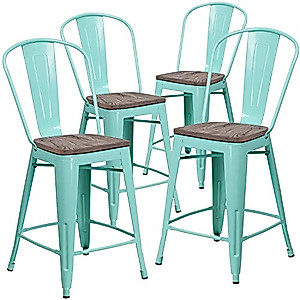 Flash Furniture 4 Pk. 24" High Mint Green Metal Counter Height Stool with Back and Wood Seat