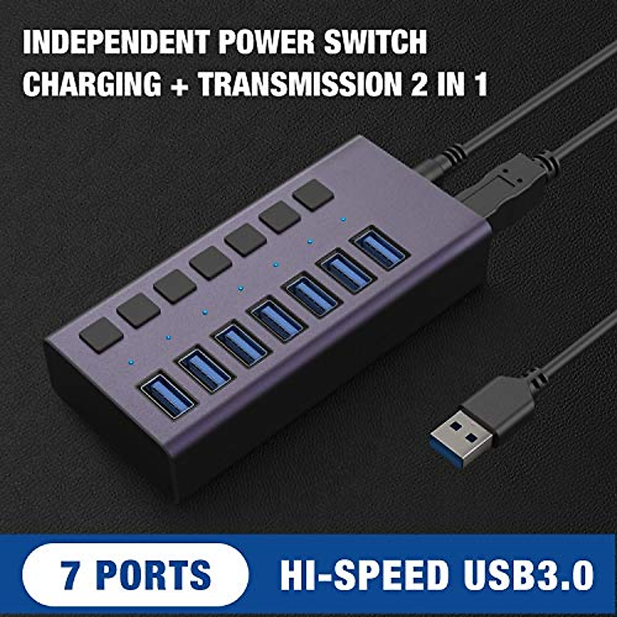 USB 3.0 Hub -7 Ports Powered USB Hub 36W USB Charging Hub with Individual On/Off Switches and 12V/3A Power Adapter and Light for PC, Laptop, Computer, Mobile HDD, Flash Drive and More（Purple）