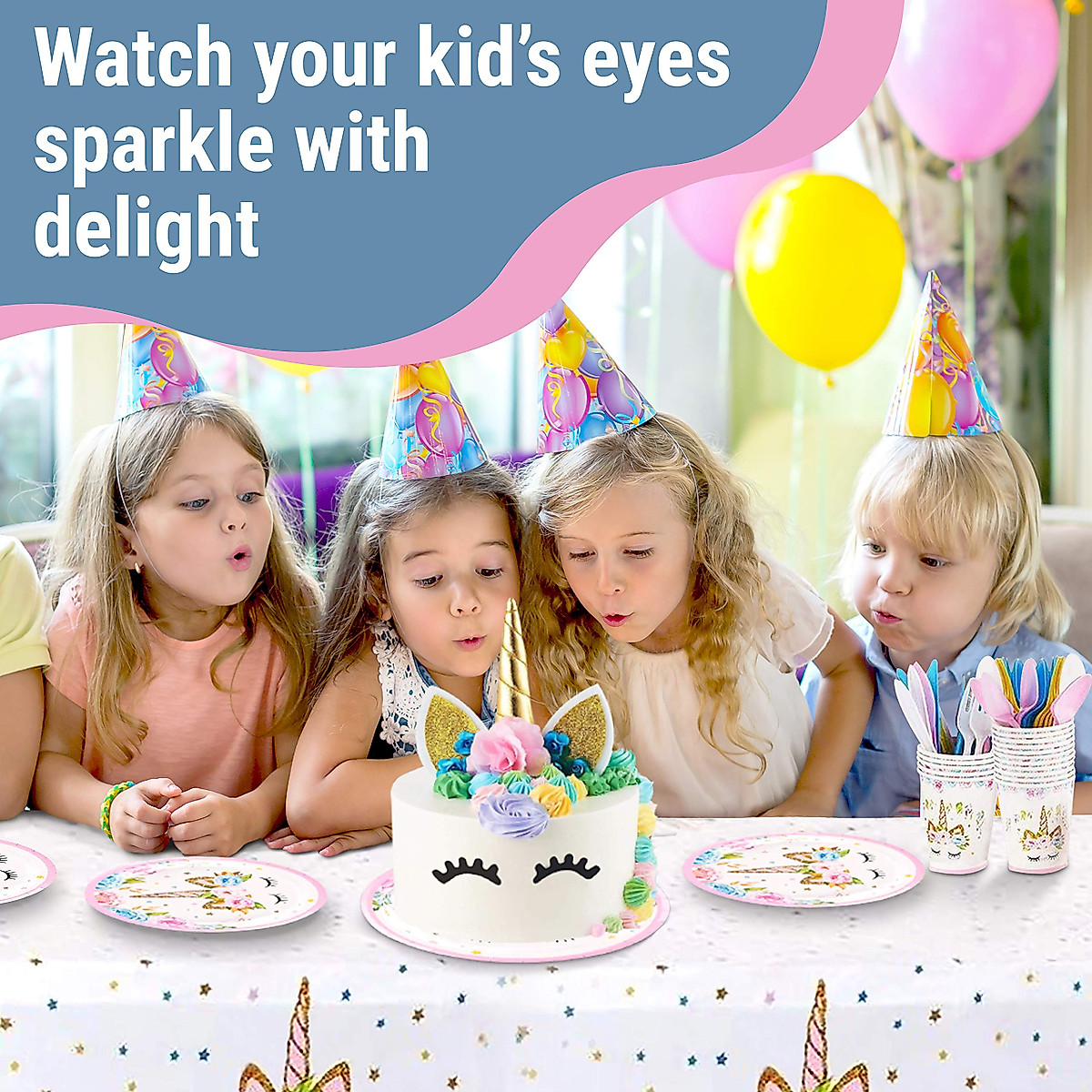 Discovering DIY Unicorn Birthday Decorations for Girls - Party Supplies Kit for 16 Guests w/ Plates, Cups, Goody Bags, Utensils, Napkins, Cake Cutter & Topper, Candles, Table Cloth and Banner
