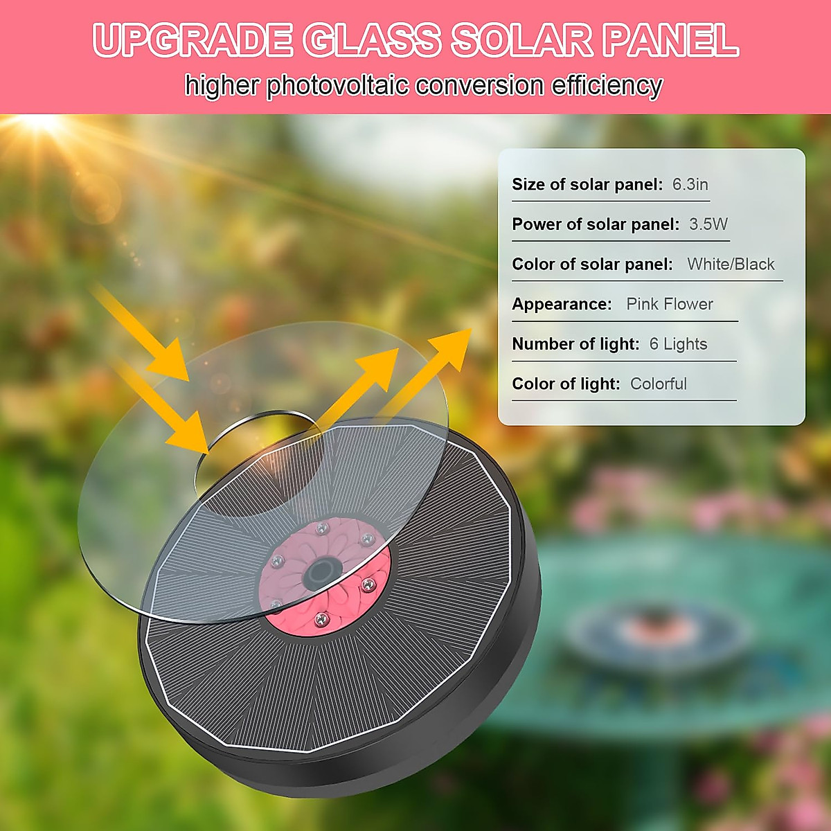 Yzert Solar Fountain Bird Bath Fountains with Colorful Light&Pink Flower,Solar Powered Water Fountain with 7 Nozzle & 4 Fixer,Solar Fountain Pump for Bird Bath, Pool, Garden, Pond(Black Panel)