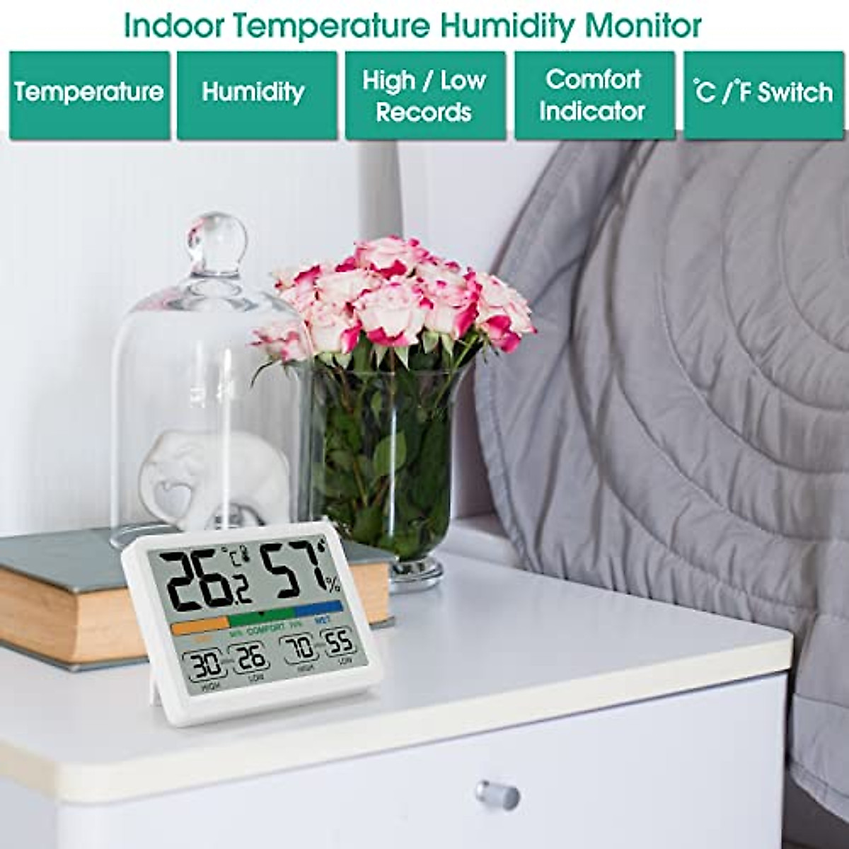 Searon Indoor Thermometer Hygrometer Humidity Meter, Room Temperature Humidity Monitor Gauge, High/Low Temperature Humidity Display,˚F/℃ Switch,Comfort Scale - 3.45 X 2.6 X 0.52 Inches (1 Pack)