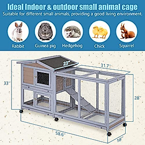 Wood Rabbit Hutch Rabbit Cage Bunny Hutch Rolling Large Bunny Cage Indoor Outdoor Two Story Guinea Pig Hutch Rabbit House with Wheels&Waterproof Roof,Grey