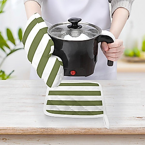 2Pcs Oven Mitts and Pot Holders Set, Olive Green and White Stripes Oven Mitts Gloves Set Heat Resistant Hot Pads for Kitchen Cooking Grill