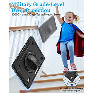 Case for iPad Mini 6 2021: Military Grade Shockproof TPU Protective Cover for Kids iPad Mini 6th Generation 8.3 Inch with Screen Protector- Stand + Handle + Shoulder Strap + Pencil Holder- Black