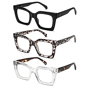 AMOMOMA 3PACK Retro Spring hinge Womens Readers,Blue Light Blocking Computer Thick Square Reading Glasses for Women Men AM6015 Black/Grey Tort/Crystal 1.50 x