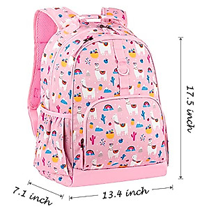 Choco Mocha Llama Backpack Elementary School Backpack for Kids & Girls 17 inch Backpack for 2nd 3rd Grade Llama Bookbag School Bag 6-8 with Chest Strap Pink