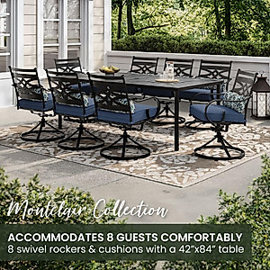 Hanover Montclair 9-Piece Outdoor Dining Set, 8 Swivel Rocker Chairs with Comfortable Seat and Lumbar Cushions, 84"x42" Stamped Rectangle Table, All-Weather Patio Dining Set for 8 for Backyard, Patio