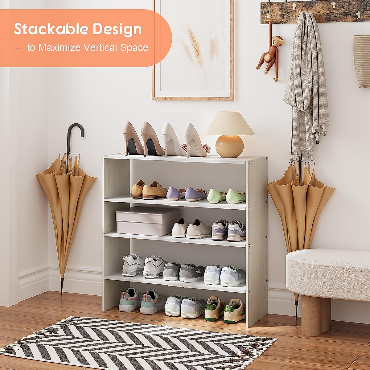 2-Tier Small Shoe Rack Organizer for Closet, Expandable and Adjustable White Shoe Rack, Stackable Iron Wood Combination Shoe Shelves for Closets, Entryway, Small Space, Hallway, Garage