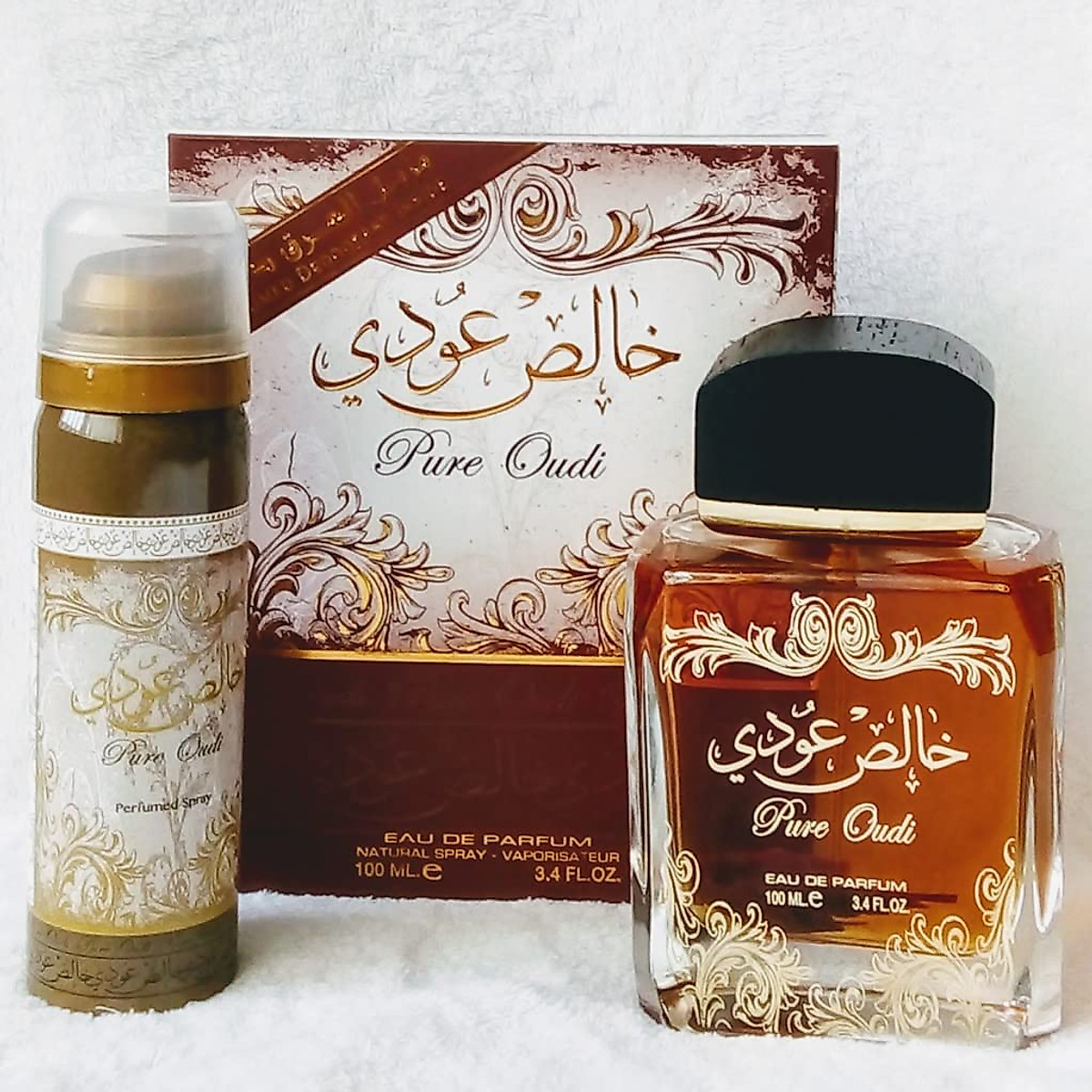 Lattafa Perfumes Pure Oudi (Khalis Oudi) 2 Piece Set for Unisex (3.4 Ounce Eau de Parfum Spray + 1.7 Ounce Perfumed Body Spray)