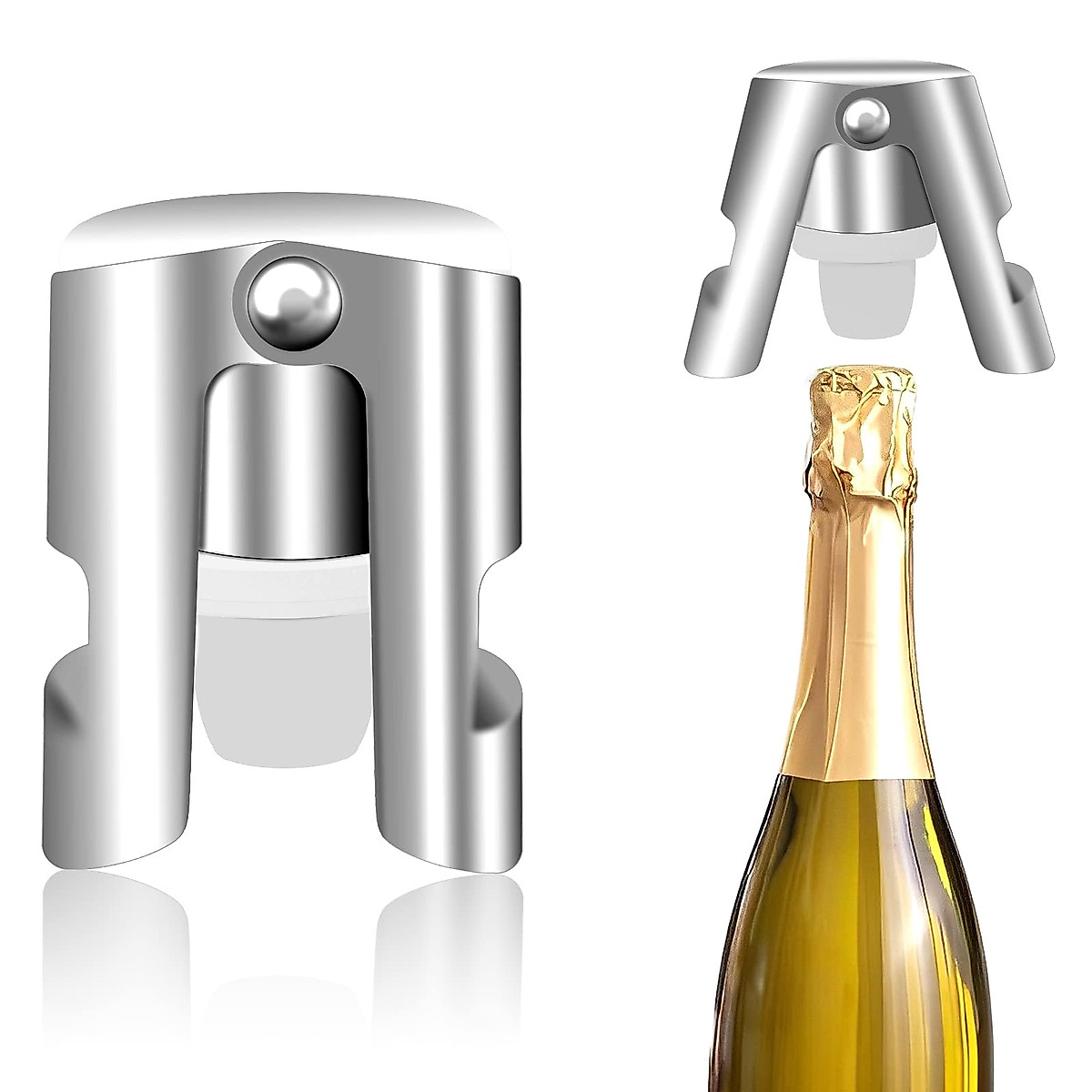 BLMHTWO 2 Pieces Champagne Stoppers, Bottle Sealer for Champagne Wine Bottle Stopper with a Longer Sealing Plug Stainless Steel Sliver Champagne Stopper for Most Sparkling Bottle