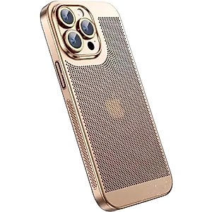 Electroplating Heat Dissipation Phone Case for iPhone 14 13 12 Promax, New Heat Dissipation Plating Fine Hole Protector for iPhone Case, in Crystal Lens Film Coating Mobile Phone Case(14Pro Max, Gold)