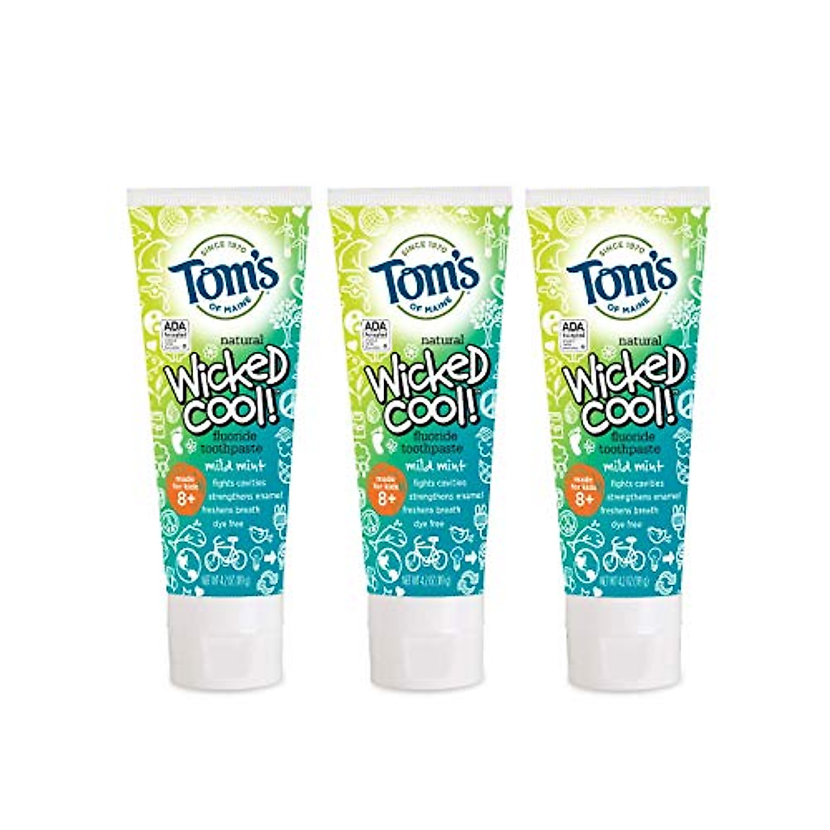 Tom's of Maine ADA Approved Wicked Cool! Fluoride Children's Toothpaste, Natural Toothpaste, Dye Free, No Artificial Preservatives, Mild Mint, 4.2 oz. 3-Pack (Packaging May Vary)