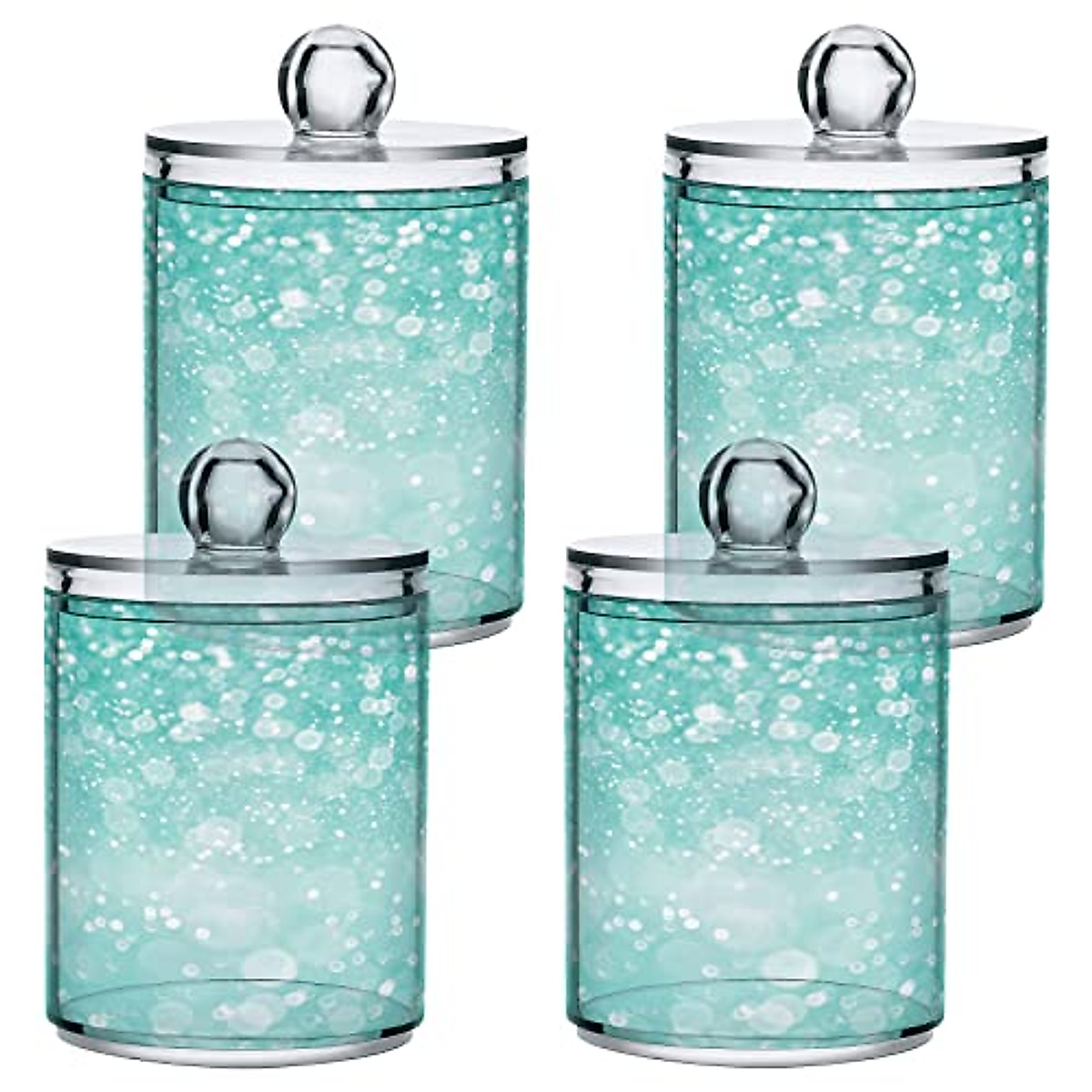 Turquoise Aqua Glitter Qtip Holder Dispenser Teal Cyan Water Bathroom Canister Storage Organization 4 Pack Clear Plastic Apothecary Jars with Lids Vanity Makeup Organizer For Cotton Ball Swab Floss