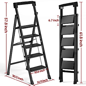 Shikha Step Ladder 5 Step, Folding Step Stool with Tool Tray Capacity 250 Lbs,Aluminum Lightweight Portable Step Stools for Adults,Capacity Ladder for Home Kitchen Library Office