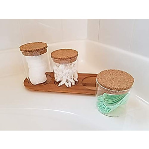 SplashSoup Glass Jar Set on Bamboo Tray, Natural Cork Lids, Bath Item Qtip Cotton Ball Canisters, Seasonal Display Decor, Centerpiece
