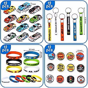 98 PCS Race Cars Party Favor Supplies Kit Racecar Birthday Themed Decoration Set with Mini Race Cars Toys Cartoon Transportation Stickers Keychain Wristband Bracelet Badge Pack for Boys Girls
