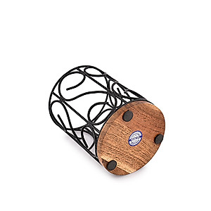 EDHAS Iron Utensil Holder With Acacia Wood Base Kitchen Counter Organizer Round Flatware Storage for Countertop (4.5" x 4.5" x 6")