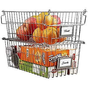 Large Stackable Wire Baskets for Pantry Organization, Expandable Cabinet Shelf Organizer