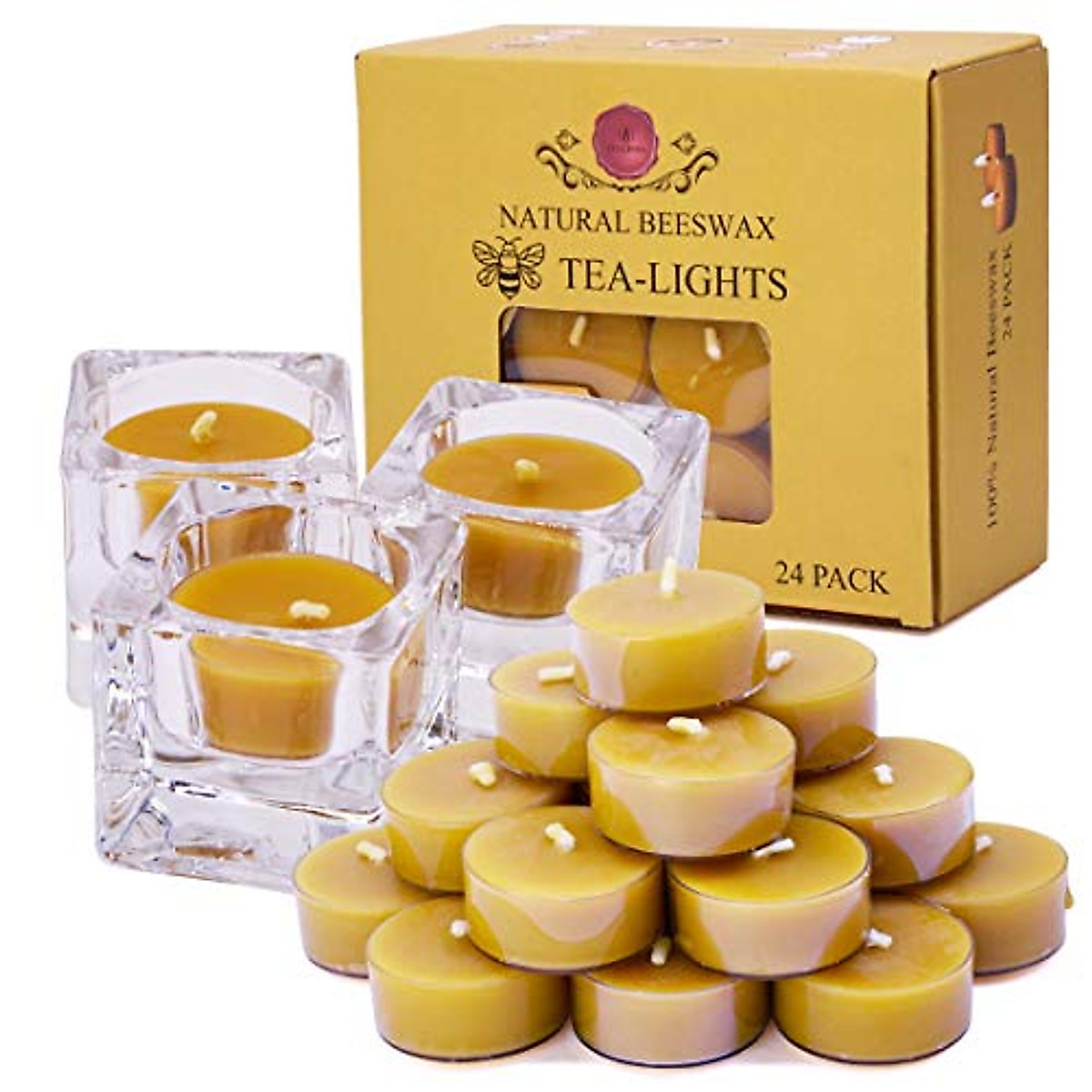 24 Count Natural Beeswax Tealights Candle with Glass Candle Holder - Natural Scent, Smokeless, Clear Cup, Clean Burning - Yellow