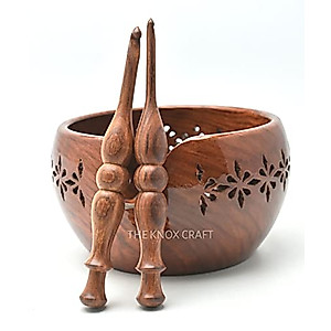 THE KNOX CRAFT - Wooden Yarn Bowl Holder, Yarn Bowl Storage with Carved Holes, Large Yarn Holder with 2 Crochet Hooks (Rosewood),(7x4)