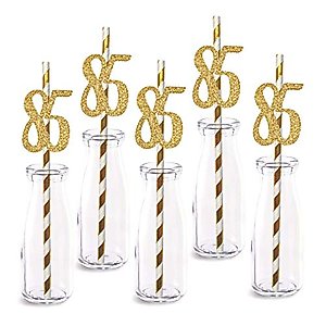 85th Birthday Paper Straw Decor, 24-Pack Real Gold Glitter Cut-Out Numbers Happy 85 Years Party Decorative Straws