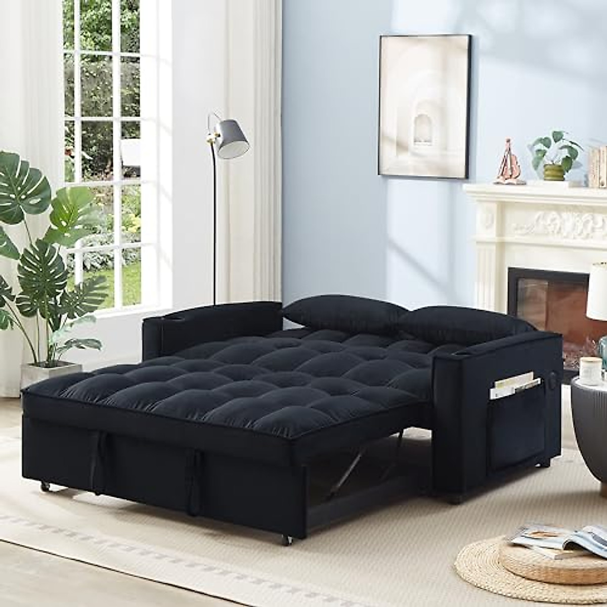 FANYE 3 in 1 Loveseat Pull Out Sleeper Bed, Compact 2 Seater Futon Adjustable Backrest Love Seat Sofa & Couch Convertible Sleep Daybed for Living Room Sofabed, Black Full W/Cupholders and USB Port