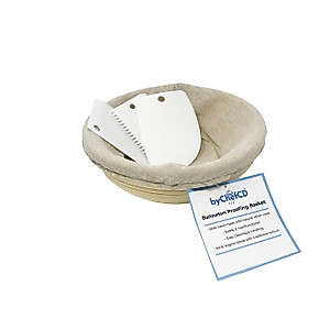 9 Inch Round Bread Basket Proofing Set- Banneton Bread Proofing Basket + Cloth Liner + Bowl Scraper + Smoother. For Home Bakers and Professionals- Great for Sourdough Starter ByChefCD