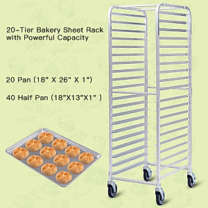 Giantex 20-Tier Kitchen Bun Pan Sheet Rack Aluminum Bakery Rack Home Commercial Kitchen Bakery Cooling Rack w/Wheels 2 Lockable & Open Shelf