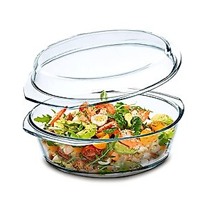 Simax Clear Glass Casserole Dish, Glass Round Casserole Dish with Lid and Handles, Covered Bowl for Cooking, Baking, Serving, Microwave, Dishwasher, and Oven Safe Cookware, 1 Quart