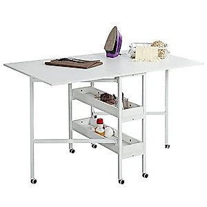 MELLCOM Home Hobby Craft Table with Storage Shelves, Mobile Folding Cutting Table for Large Fabric, Foldable Table for Home Office Sewing Room Craft Room, Fixed Height 35.5in