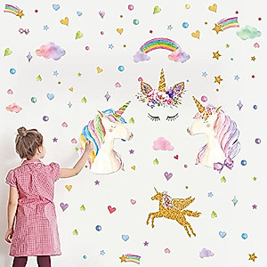 Glow in the Dark Stars Glowing Unicorn Wall Decals Glowing Unicorn Wall Mural Stickers with Unicorn Star Rainbow Flower Heart Clouds Bubbles Room Decor for Girls Bedroom Ceiling Baby Home Kid Birthday