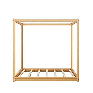 Harper & Bright Designs Queen Size Canopy Bed 4-Post Canopy Platform Bed Frame, Solid Wood Queen Floor Bed Frame for Kids Teens Adults, No Box Spring Needed (Natural)