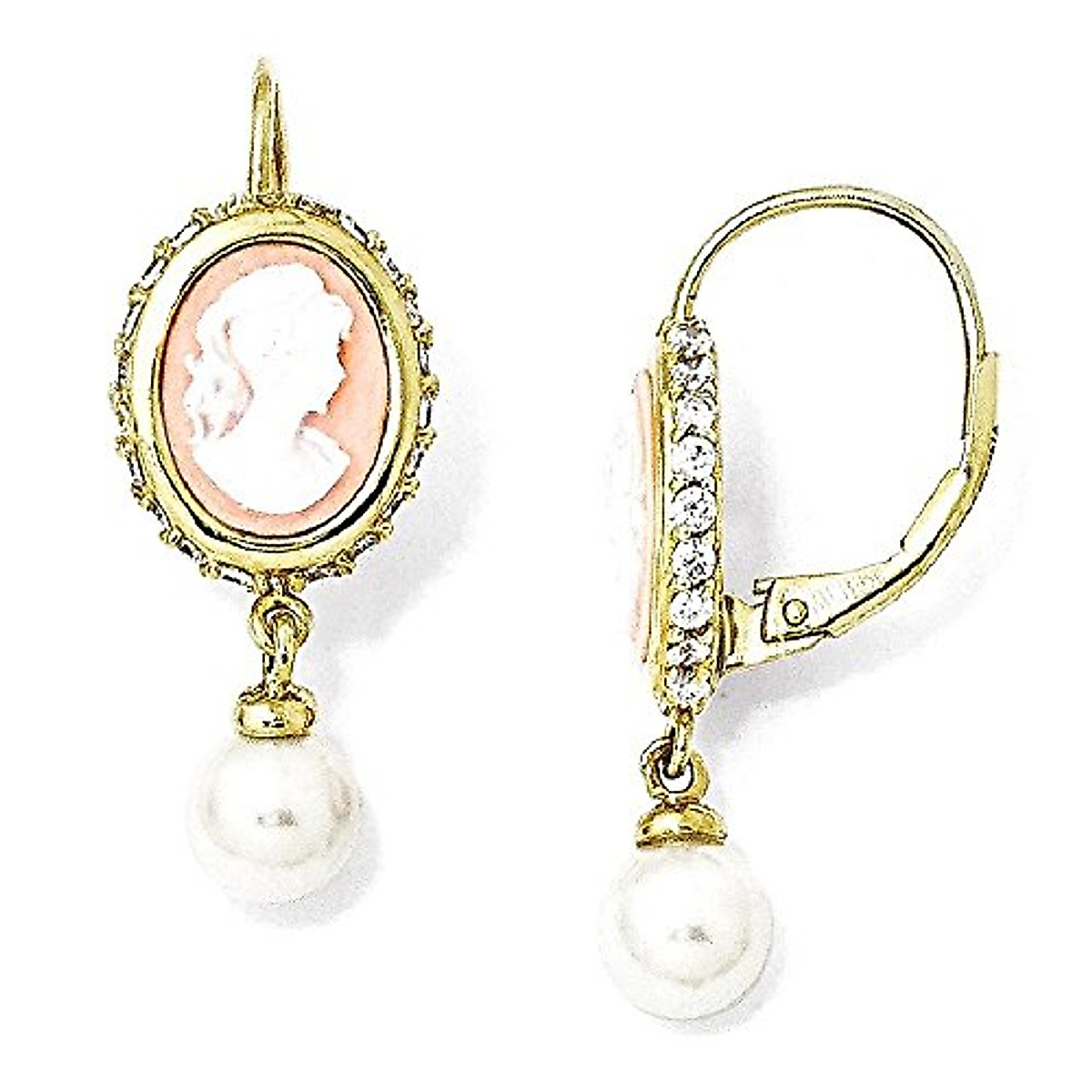925 Sterling Silver Gold Simulated Pearl Cubic Zirconia CZ Cameo Drop Dangle Earrings