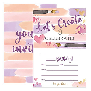 UDNADKEX Art Birthday Invitations Girl with Envelopes, Invites for Girls Birthday Party Art Painting, Paint Birthday Party Invitations Cards, 4"x6" Set of 20, Let's Create & Celebrate