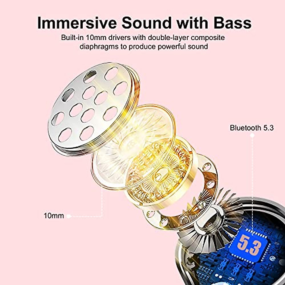 sprtoybat Wireless Earbuds, HiFi Stereo Bluetooth 5.3 Running Headphones with Dual LED Display 30Hrs Playtime, Built-in Mic, Type-C, in-Ear Bluetooth Earphones with Earhooks for Sport, Rose Gold