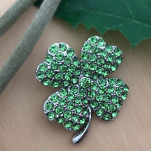 PammyJ Green Crystal Shamrock Four Leaf Clover Brooch Pin