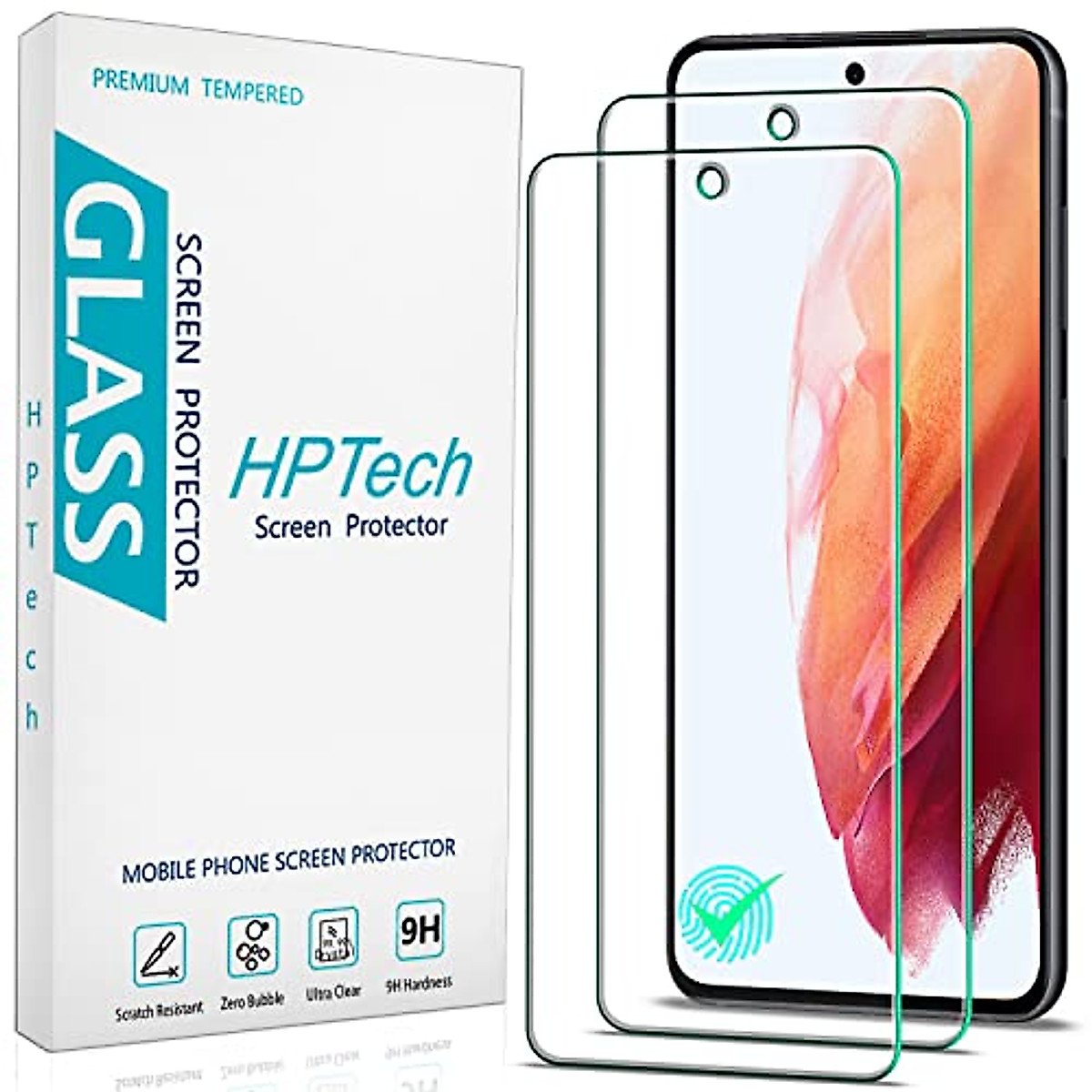 HPTech (2 Pack) Designed for Samsung Galaxy S21 FE 5G Tempered Glass Screen Protector, Support Fingerprint Reader, Anti Scratch, Bubble Free