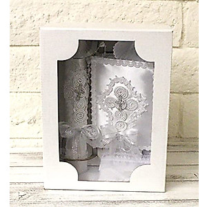 Elegant Handmade 5 Piece Silver Cross Embroider Lace Baptism Christening Shells Candle Set Favors Girl Boy White Set de Bautizo Espanol Nina Nino Baptism Communion Lace Gift Box