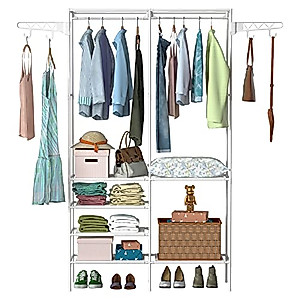 KOCASO Garment Shoes Rack Simple Closet Metal Shelf Clothing Organizer with 4 Hooks and Lower Storage Space, White
