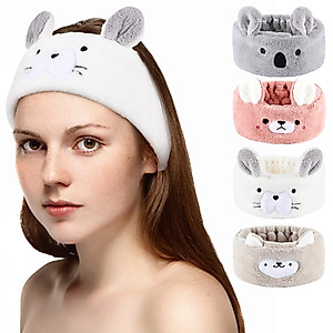 Chuangdi 4 Pieces Animal Hair Bands Face Wash Headband Spa Headband Animal Ears for Skincare Makeup Spa Headband Washing Face Coral Fleece Plush Hairband for Women Girls(Adorable Style,Cute Colors)