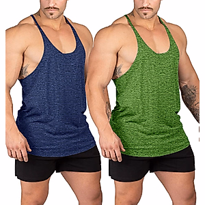 Aitrepeo Stringer Bodybuilding Tank Tops Low Cut Off Gym Workout Training Stretch Polyester Quick Dry T Shirts/Green/Blue/S