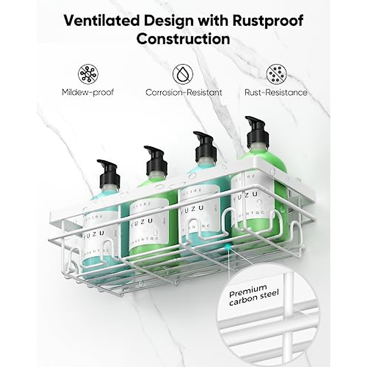 POKIPO Shower Caddy 5 Pack, Adhesive Shower Organizer with Soap Dishes & Toothbrush Holder & 20 Hooks, Large Rustproof Stainless Steel Bathroom Shower Shelf for Inside Shower Storage Decor, White