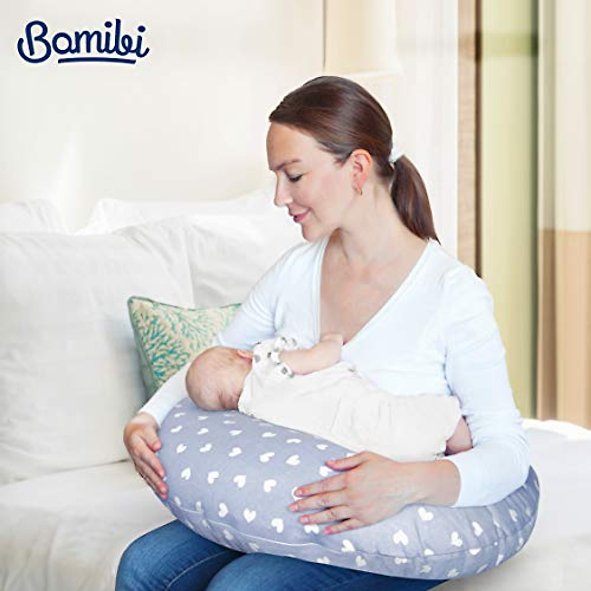 Bamibi Pillow for Breastfeeding with Adjustable Clasp, Multi-Use Breastfeeding Pillow, Cozy Breast Feeding Pillows for Babies, Cover 100% Cotton, Filling 100% Polyester (Hearts Design)